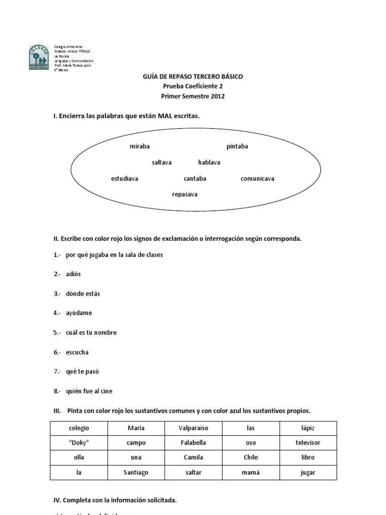 Guia de Repaso Semestral Tercero Basico | PDF | Plural | Palabra