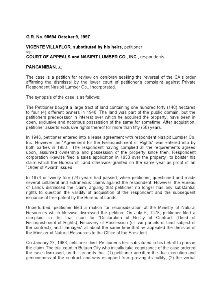 Villaflor Vs CA and Nasipit Lumber Co. | PDF | Writ Of Prohibition | Patent