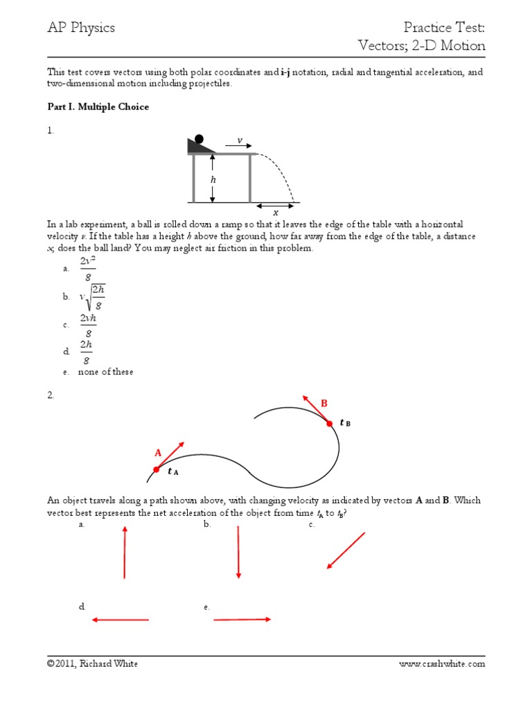 Practice Test 2 Vectors 2d Motion | PDF | Acceleration | Velocity