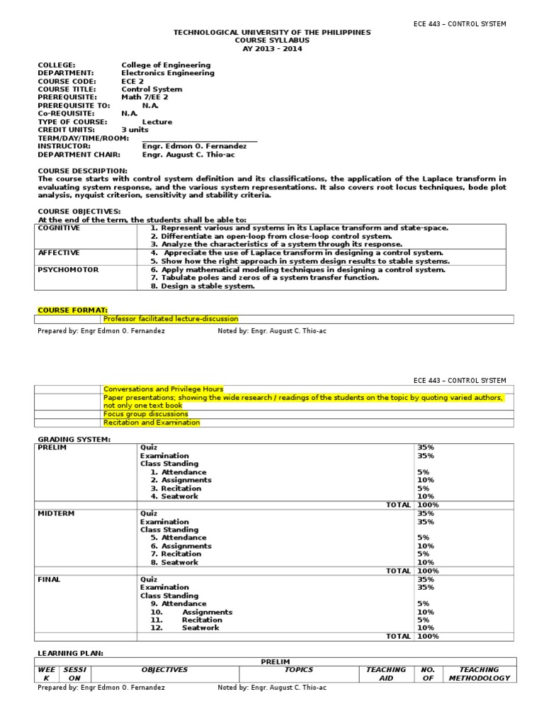 Feedback and Control Systems Course Syllabus 2012-2013 | PDF | Systems ...