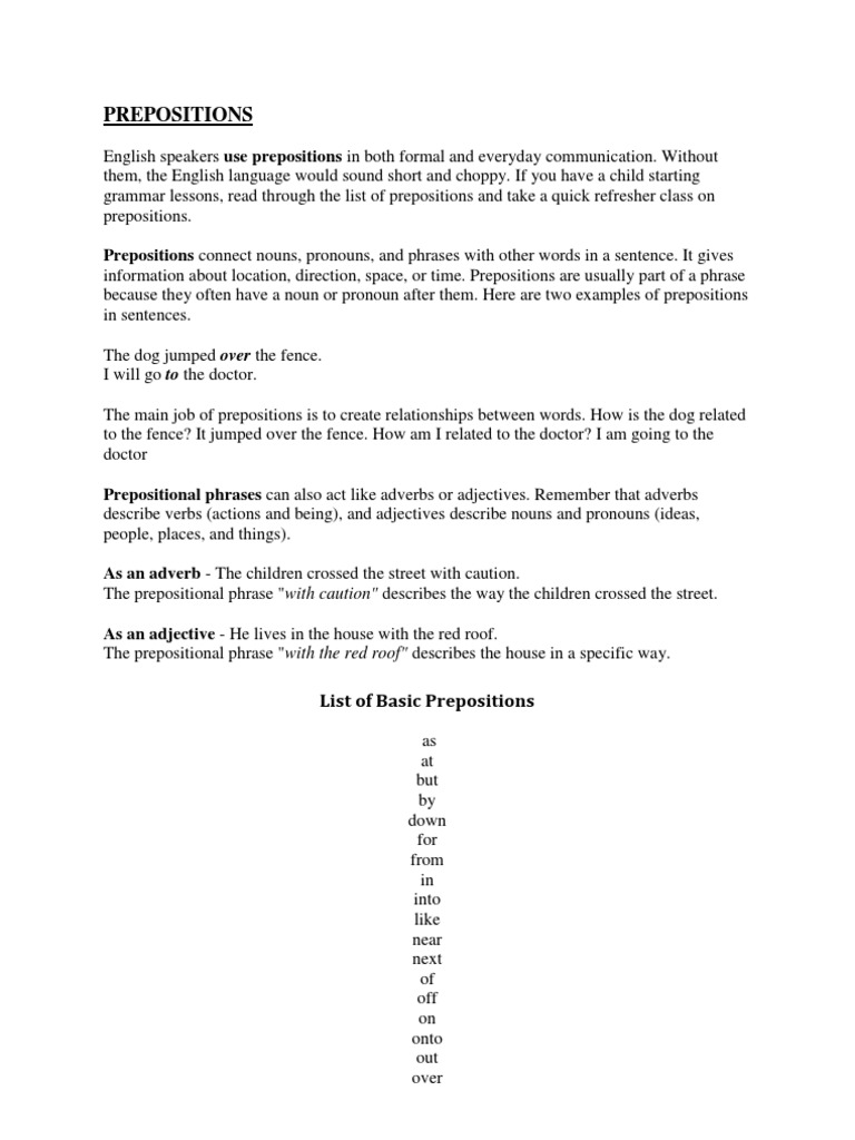Prepositions: List of Basic Prepositions | PDF | Preposition And ...