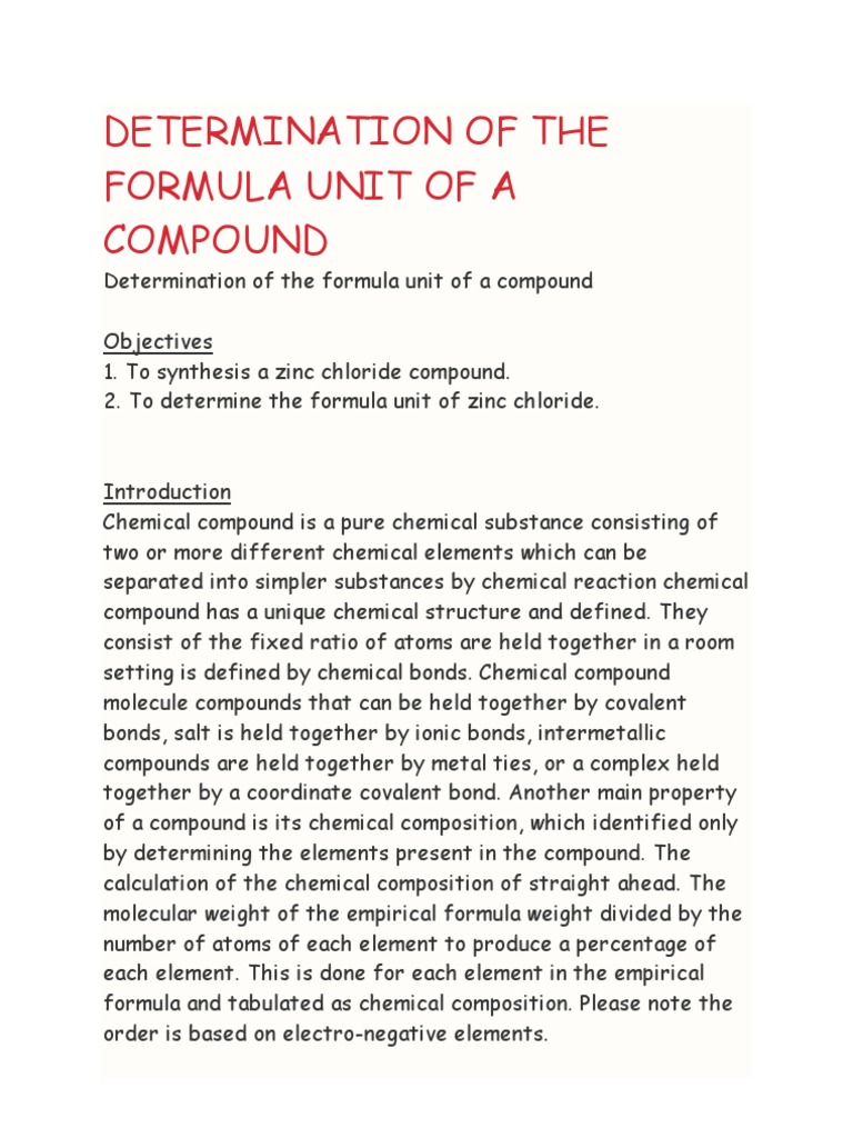 Zinc Chloride Formula Unit Determination | PDF | Chemical Compounds ...