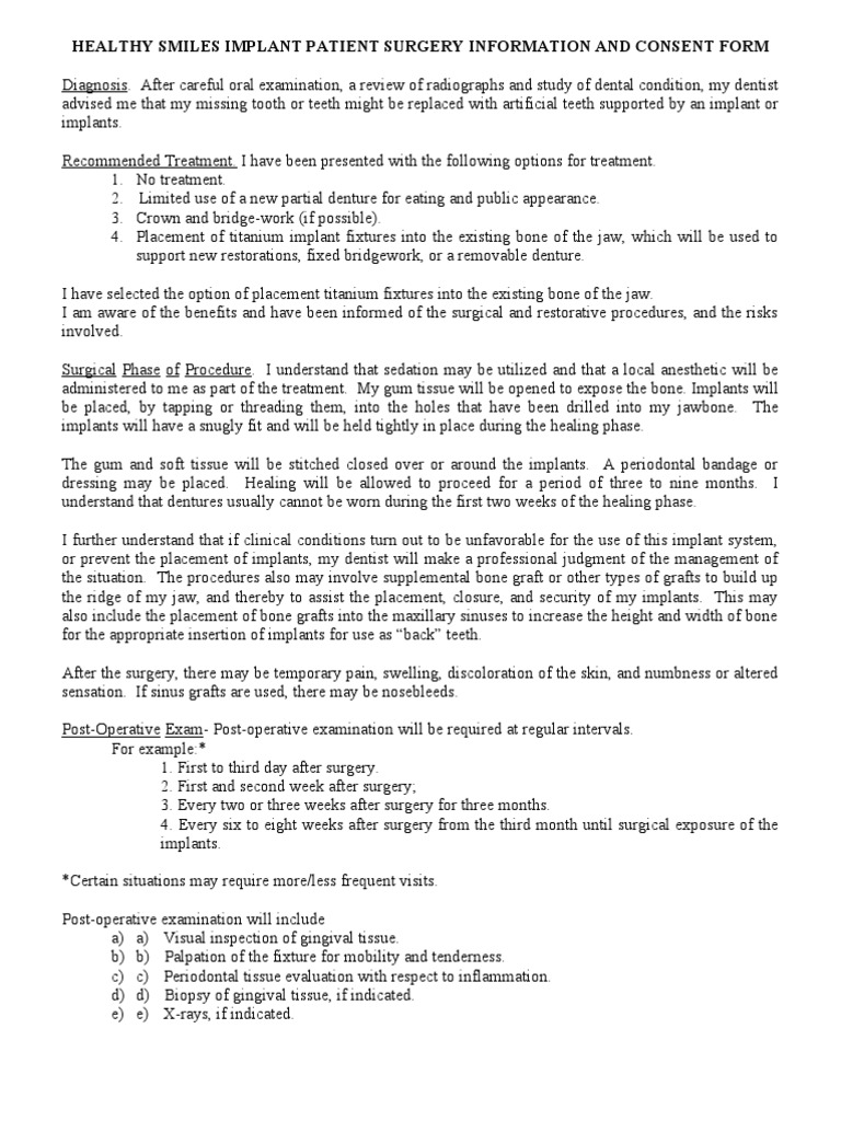 Healthy Smiles Implant Patient Surgery Information and Consent Form ...
