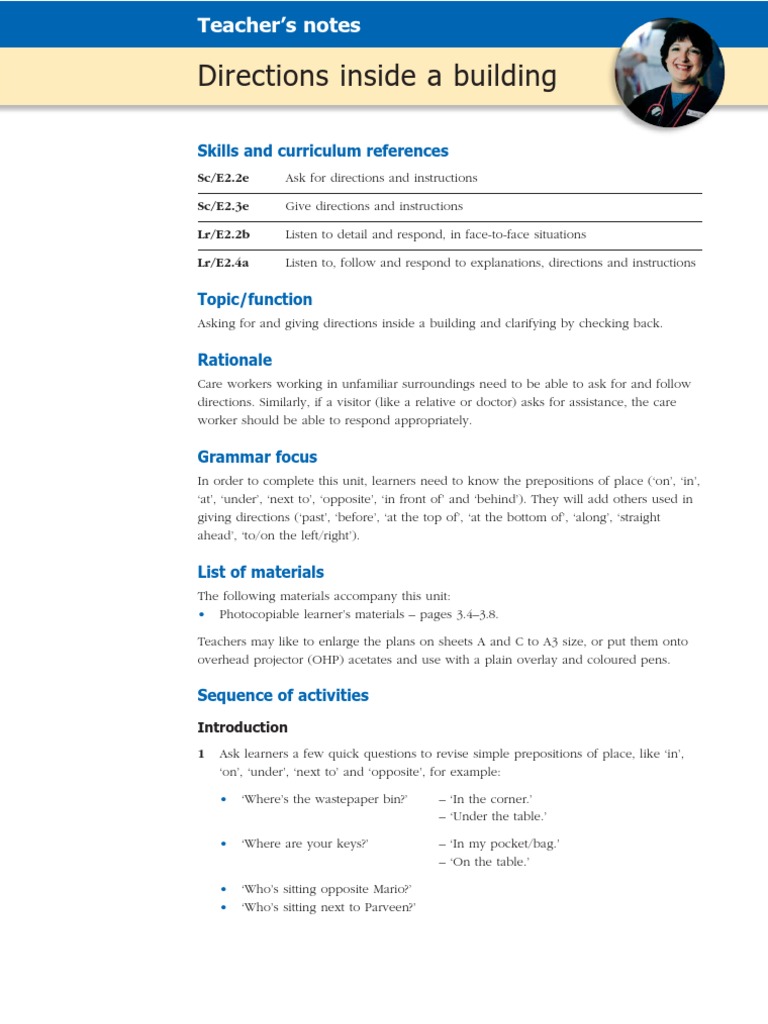 Directions Inside A Building: Skills and Curriculum References | PDF