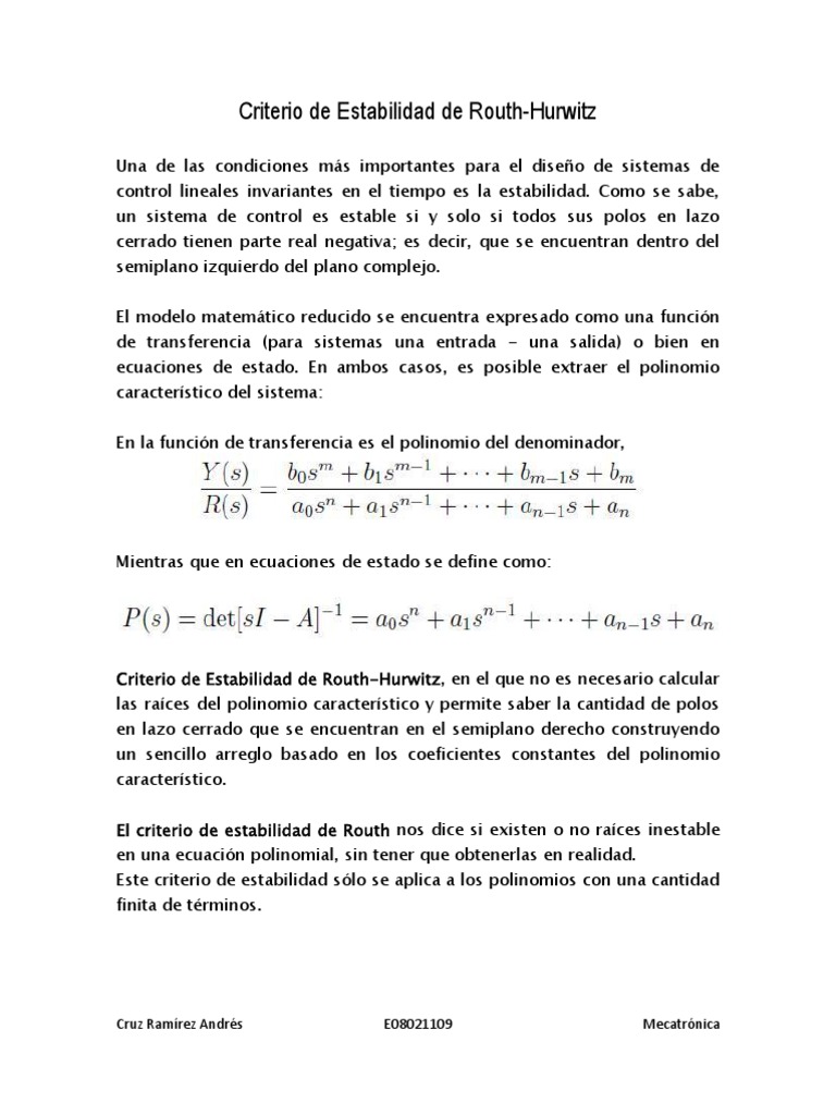 Criterio de Routh-Hurwitz: una condición necesaria para evaluar la ...