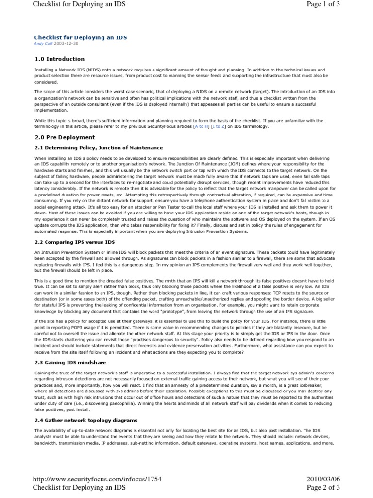 Checklist For Deploying An IDS: 2.1 Determining Policy, Junction of Maintenance | PDF | Firewall ...