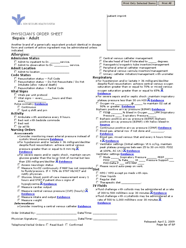 Physician'S Order Sheet: Sepsis Adult | PDF