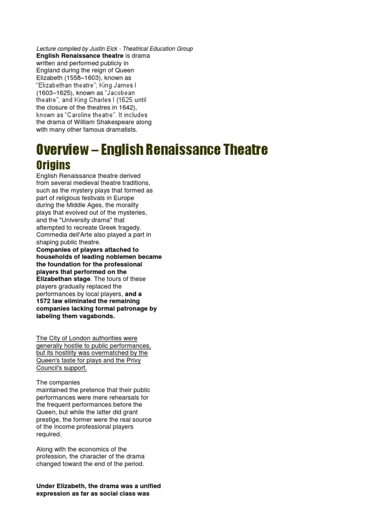 English Renaissance Theatre Overview | PDF | Theatre | Oral Literature