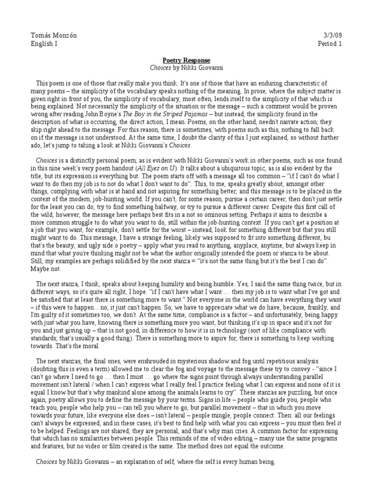 Analysis of "Choices" by Nikki Giovanni | PDF | Poetry | Cognition