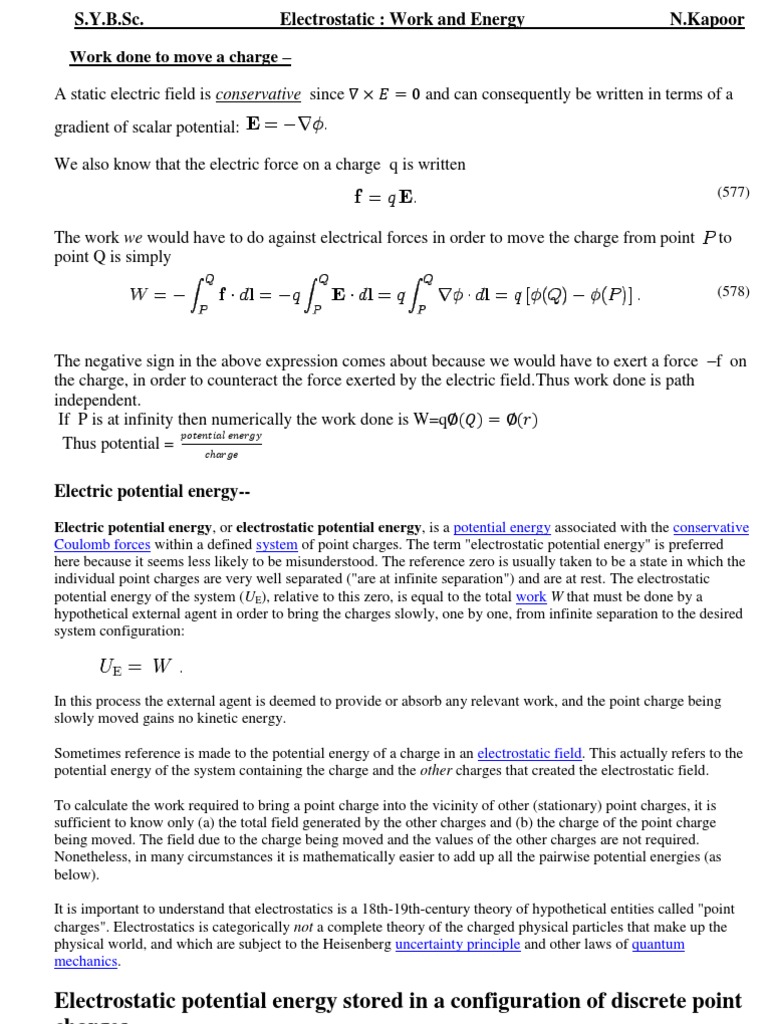 Electrostatic Work & Energy | PDF | Electrostatics | Potential Energy