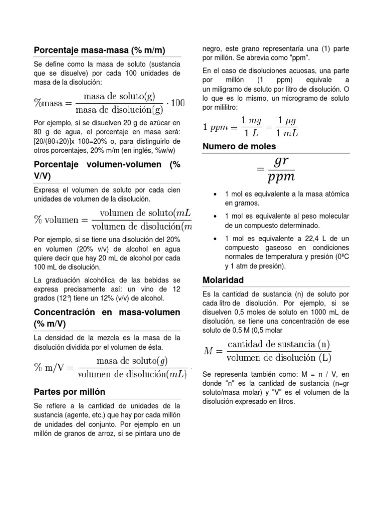 Formulas para Disoluciones | PDF | Mole (Unidad) | Química Física