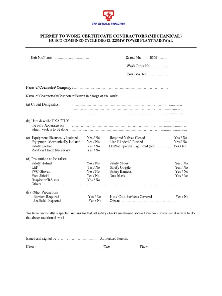 Permit to Work - Mechanical Contractor | General Contractor | Safety