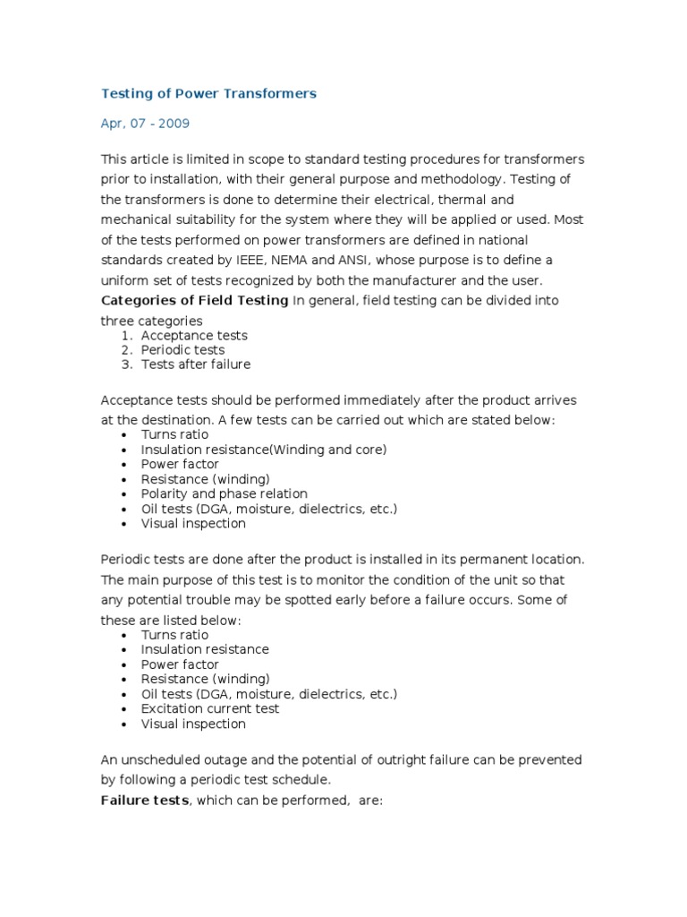 Standard Testing Procedures for Power Transformers: Electrical, Thermal ...