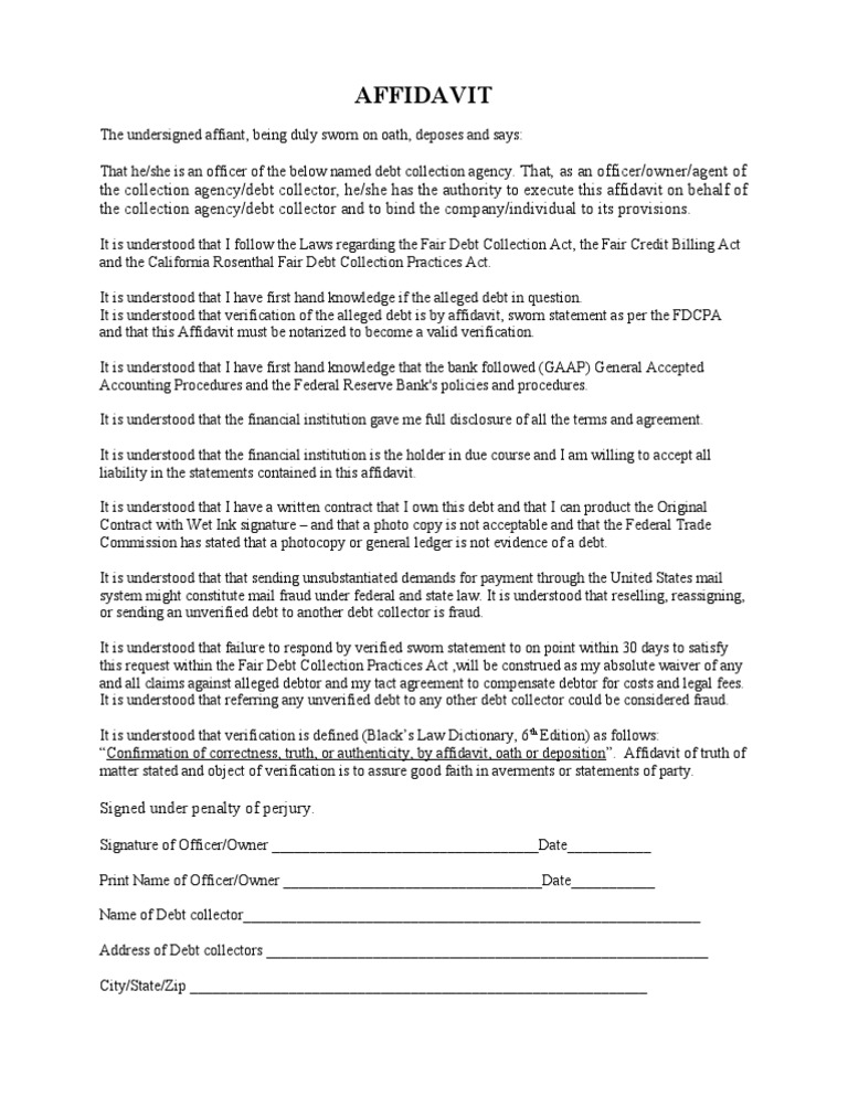 AFFIDAVIT Debt Collector | Collection Agency | Affidavit
