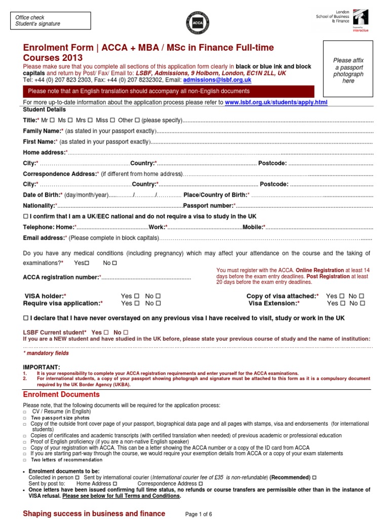 London ACCA+MBA MSC in Finance FT Application Form | PDF | Fee | Travel ...