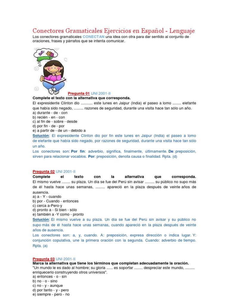 Conectores Gramaticales Ejercicios en Español | Oración (Lingüística ...