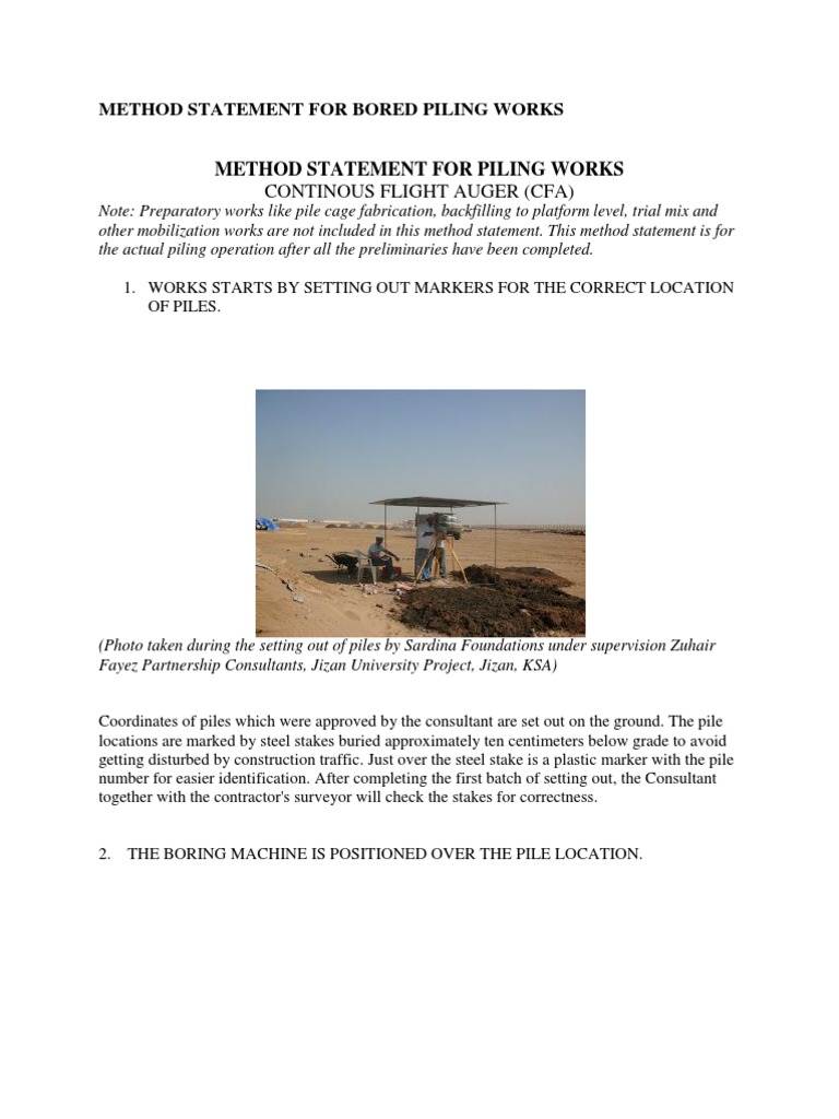 Method Statement For Bored Piling Works | PDF