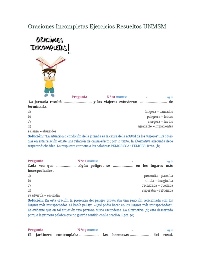 Oraciones Incompletas Ejercicios Resueltos UNMSM | Oración (Lingüística ...