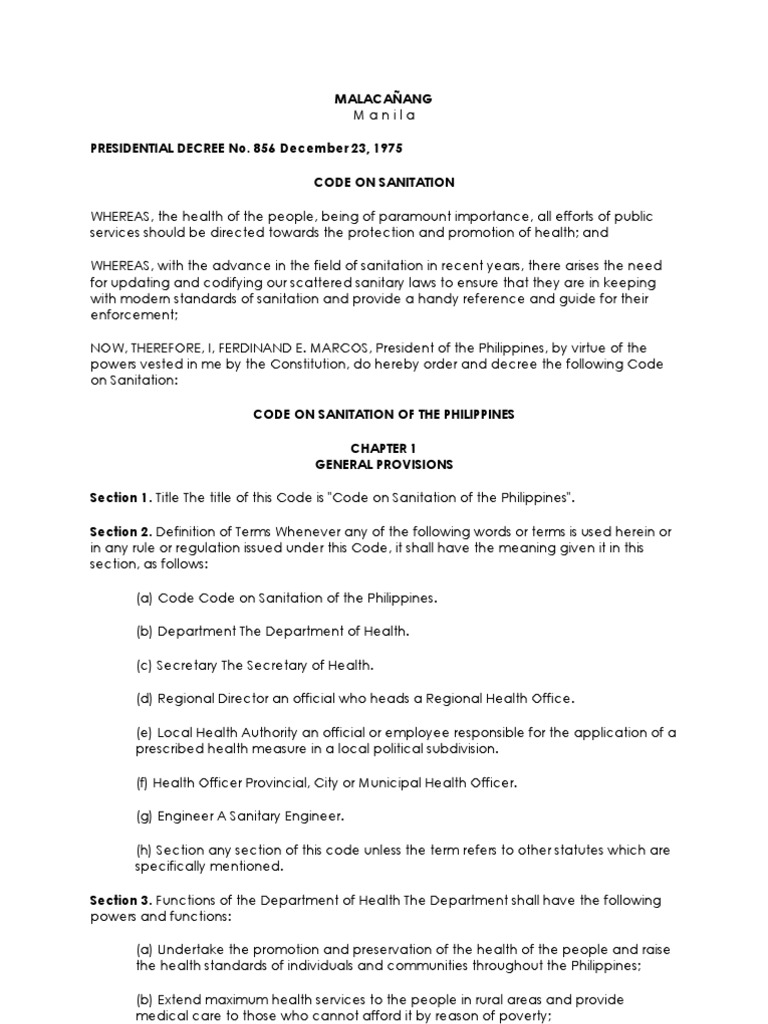 PD 856 Code of Sanitation | Download Free PDF | Personal Protective ...