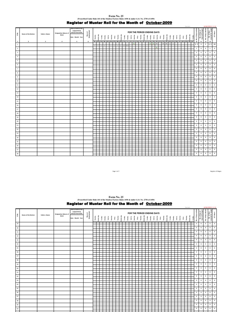 Attendance Register From 25 | PDF | Labor | Business