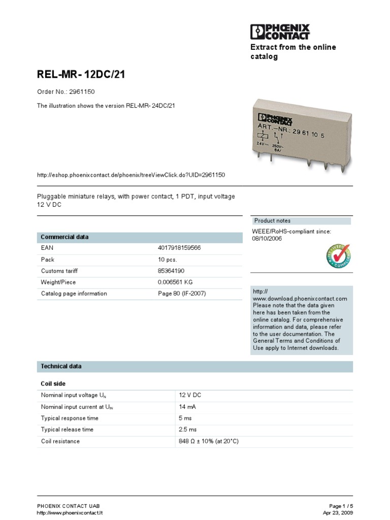 Phoenix Contact Datasheet 997601 | PDF | Relay | Power (Physics)