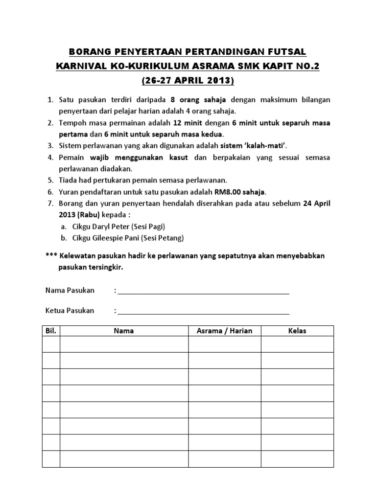 Borang Penyertaan Pertandingan Futsal | PDF