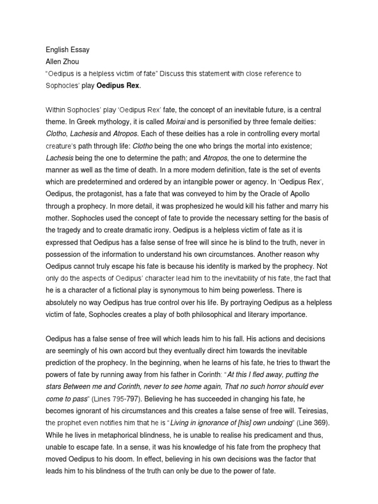 Oedipus Rex Class Essay | PDF | Destiny | Sophocles