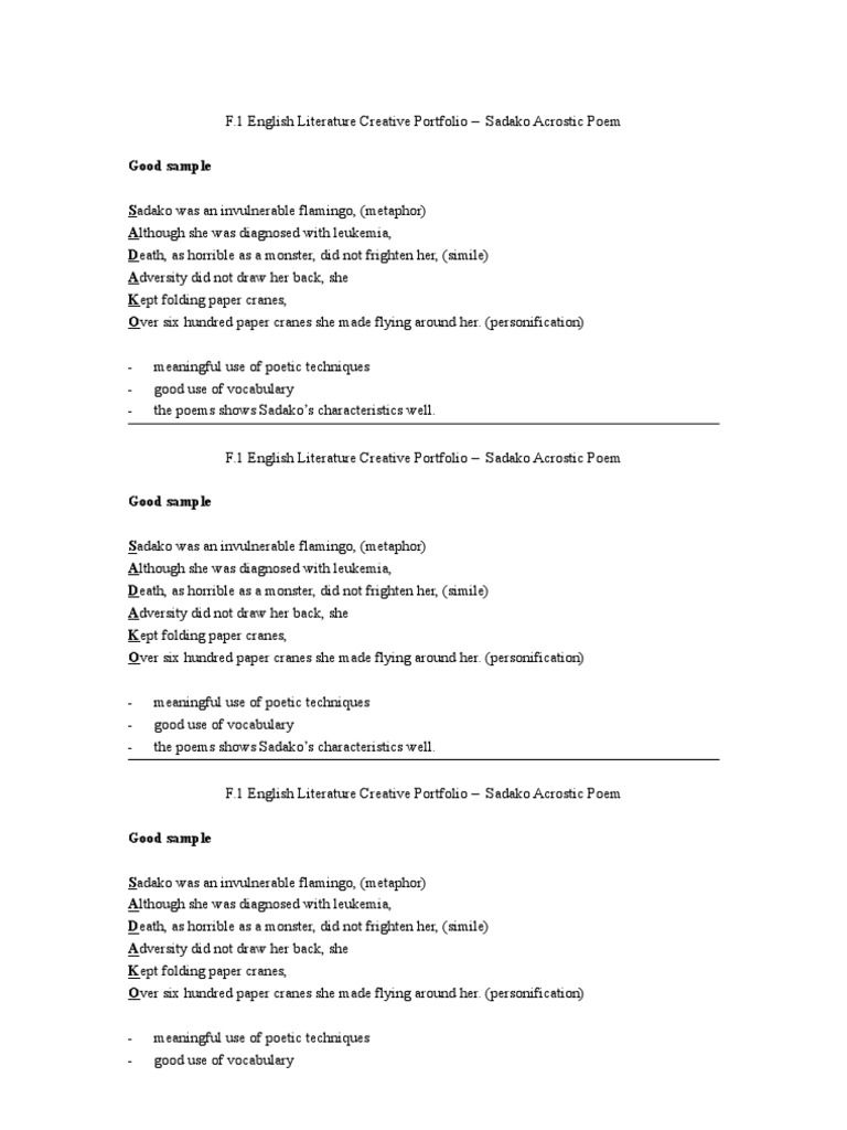 Sadako Acrostic Poem Samples | PDF | Classics | General Fiction
