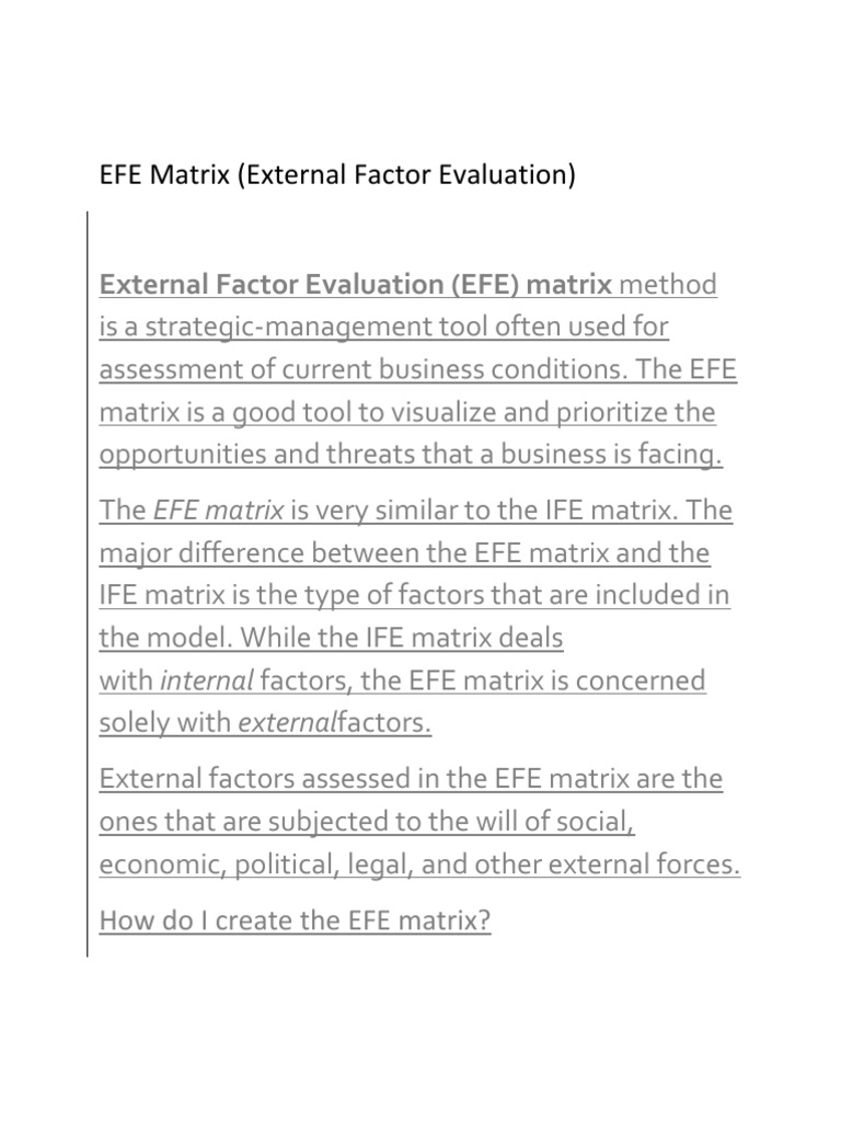 EFE Matrix | PDF | Weighted Arithmetic Mean | Average
