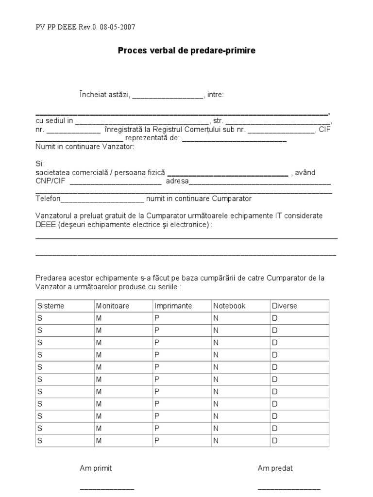 Proces Verbal Predare Primire | PDF