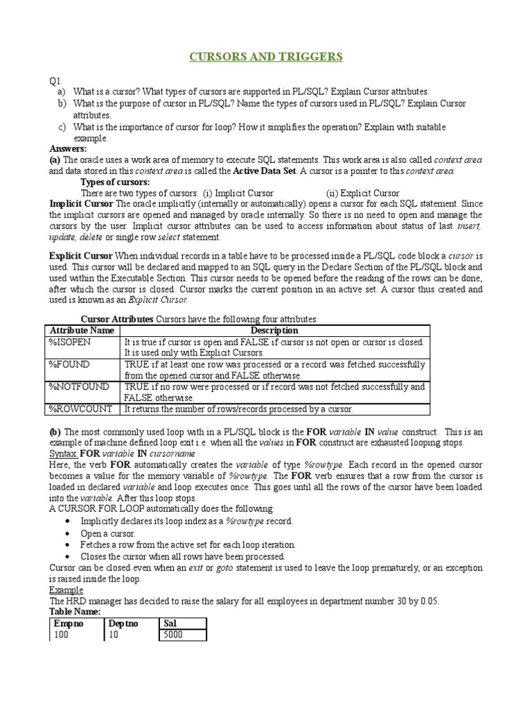 Cursors and Triggers | PDF | Pl/Sql | Sql