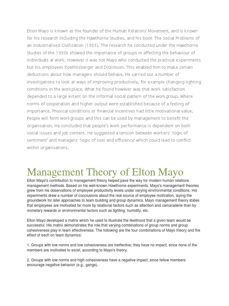 Elton Mayo's Contributions to Management Theory Through the Hawthorne ...
