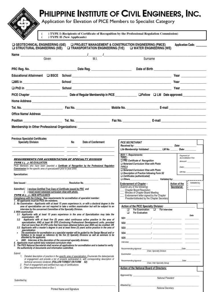 PICE Specialist Membership Application Form | PDF