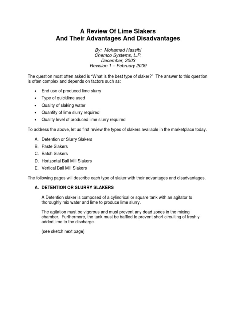 Overview of Lime Slaker Types | PDF | Mill (Grinding) | Temperature