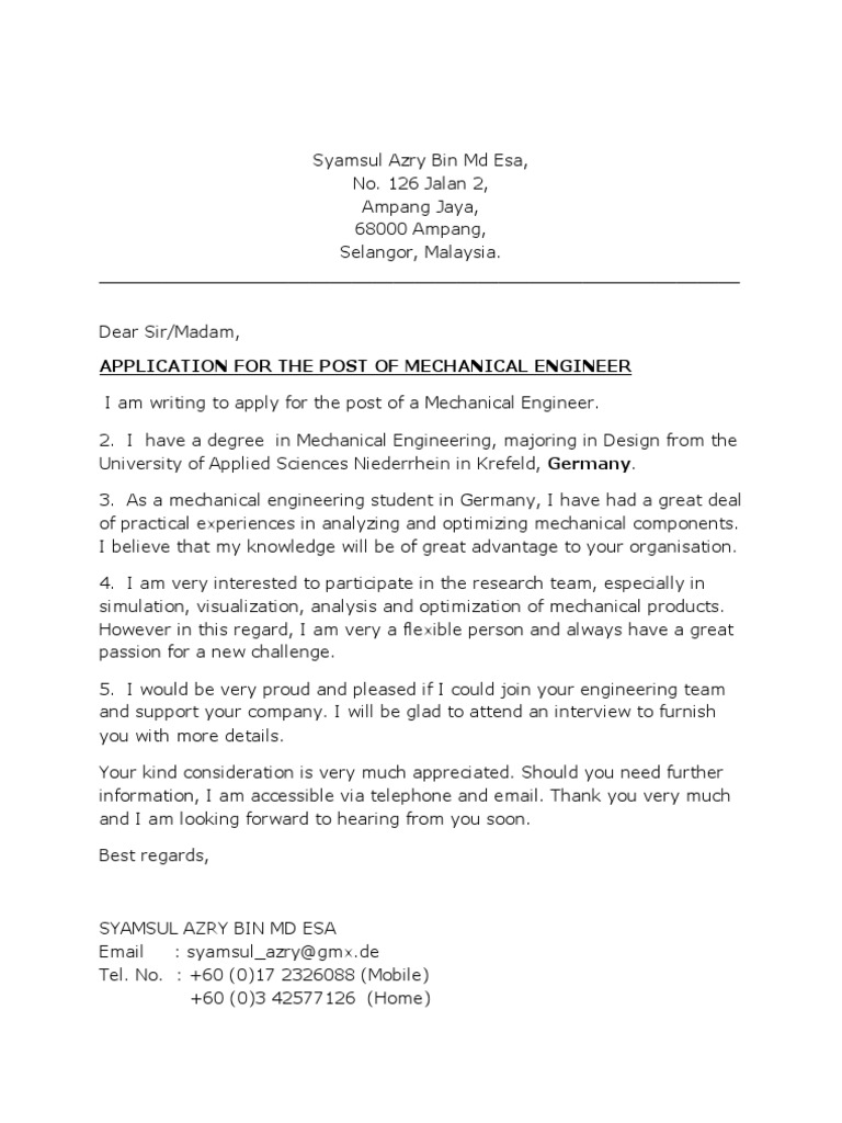 Mechanical Engineer Job Application | PDF