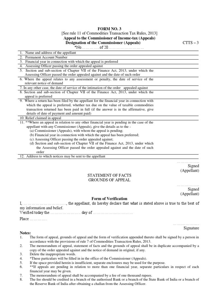 Form No. 3 Appeal To The Commissioner of Income-Tax (Appeals ...