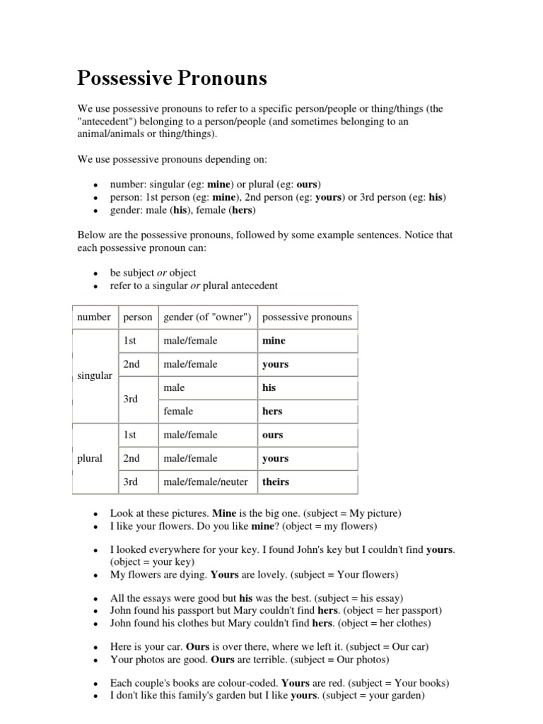 Possessive Pronouns: Mine Yours His Hers Ours Yours Theirs | PDF ...