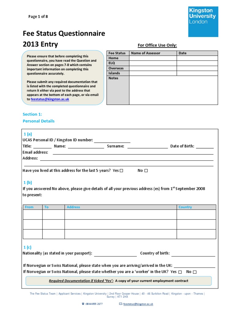 Fee Status Questionnaire 2013 | PDF | Identity Document | Academic Degree