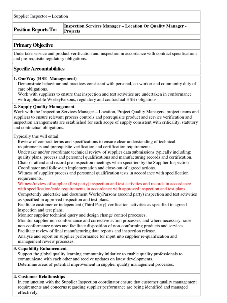 Position Reports To:: Inspection Services Manager - Location or Quality ...