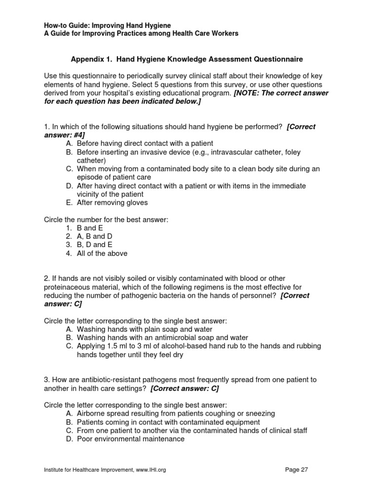 Hand Hygiene Knowledge Assessment Questionnaire (IHI) | Hand Washing ...
