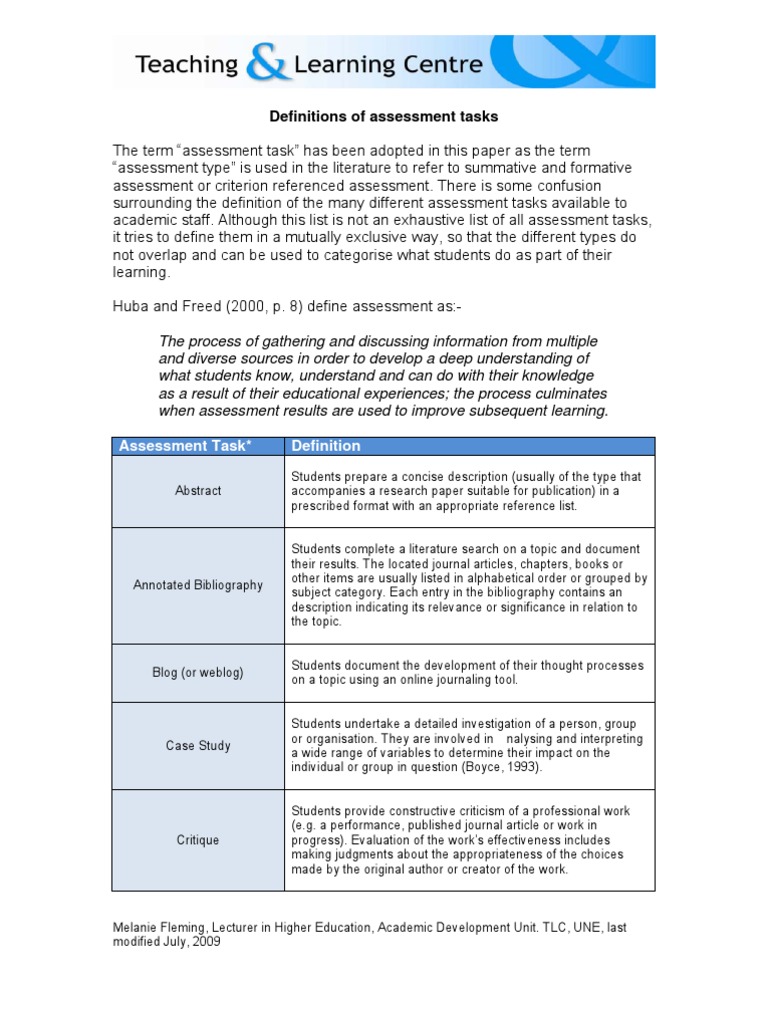 Definitions of Assessment Tasks | PDF | Educational Assessment | Test ...