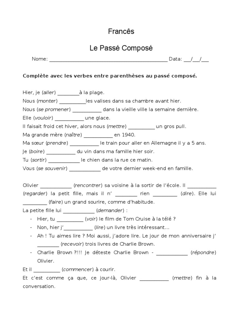 1 - Ficha de Trabalho - Le Passé Composé | PDF
