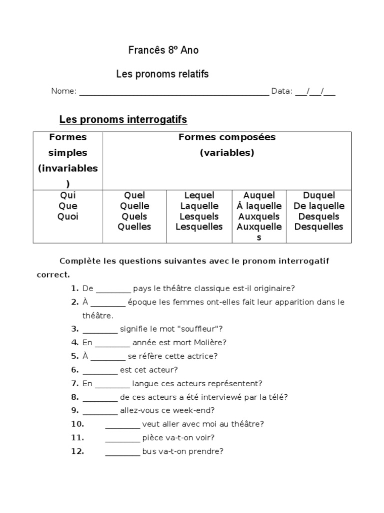 Exercices sur les pronoms interrogatifs | PDF | Arts du langage et ...