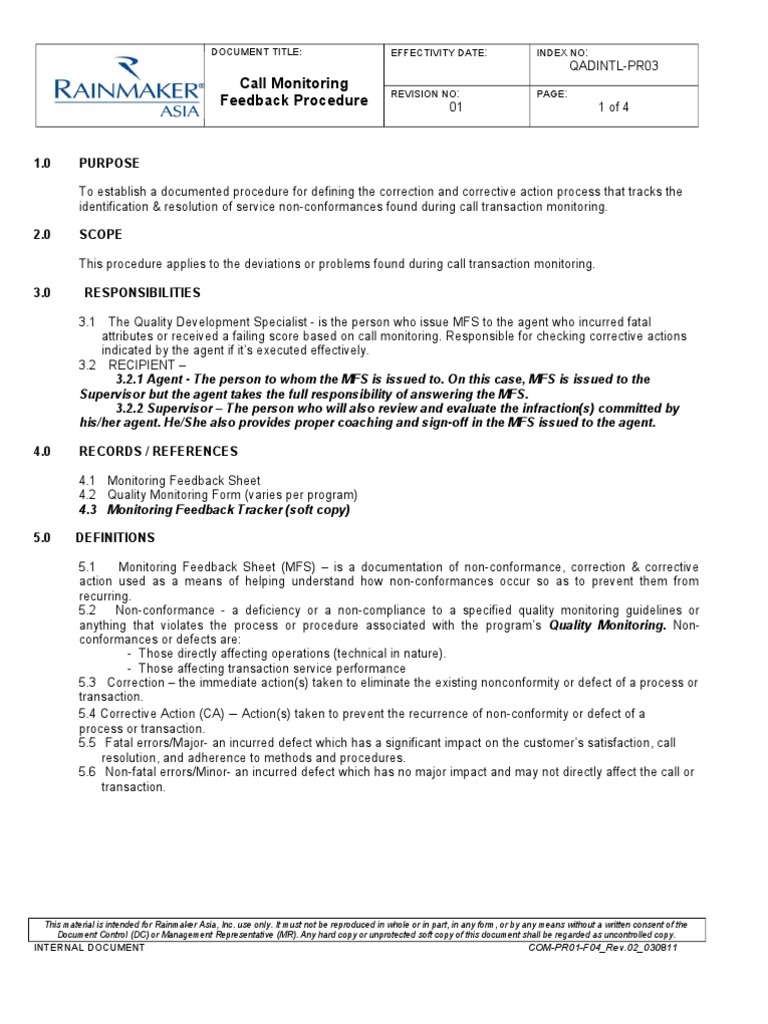 Call Monitoring Feedback Procedure | PDF | Business