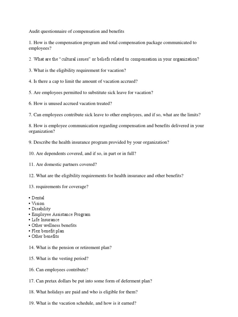 Audit Questionnaire of Compensation and Benefits | Compensation And ...