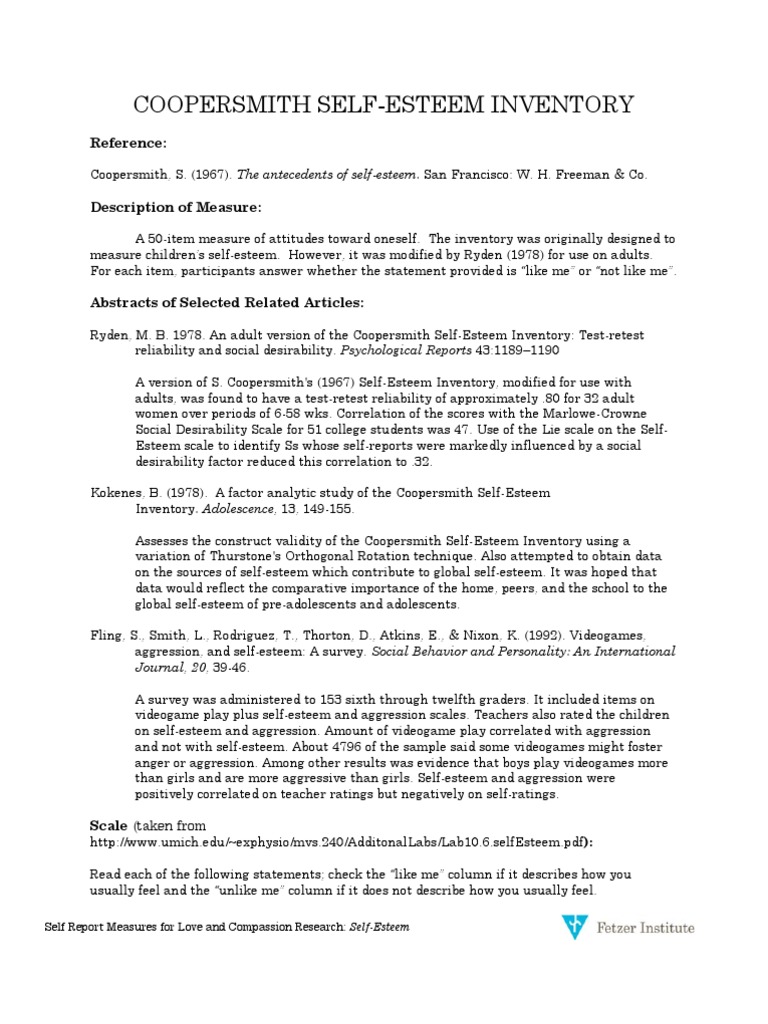 Coopersmith Self-Esteem Inventory Guide | PDF | Social Psychology ...