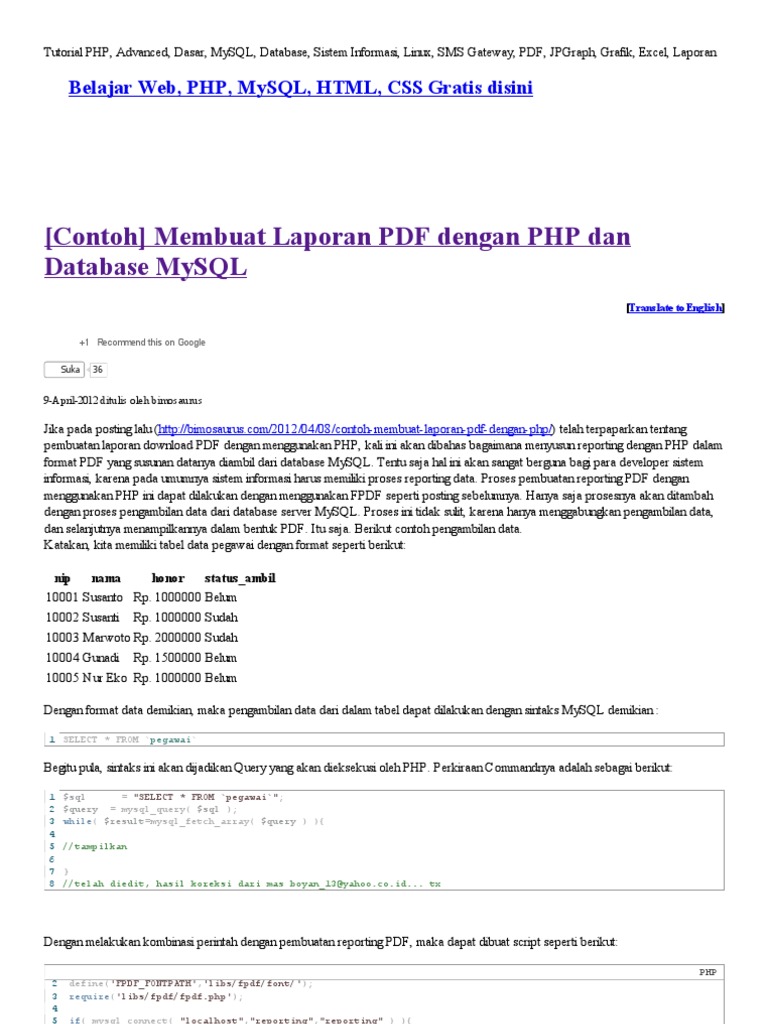 Membuat Laporan PDF Dengan PHP Dan Database MySQL FPDF | PDF