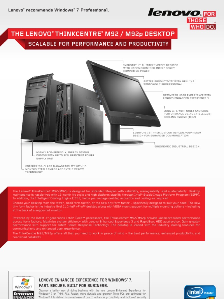 ThinkCentre M92 M92p Datasheet | PDF | Computer Monitor | Personal Computers