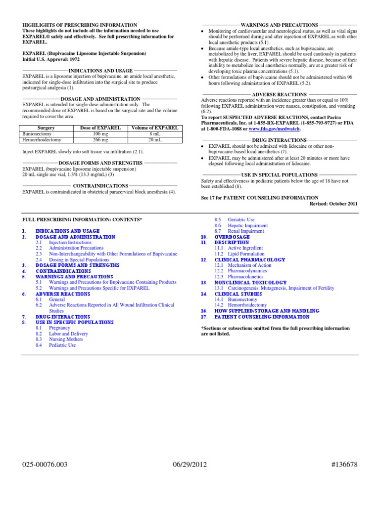 EXPAREL Prescribing Information | PDF | Anesthesia | Pharmacokinetics