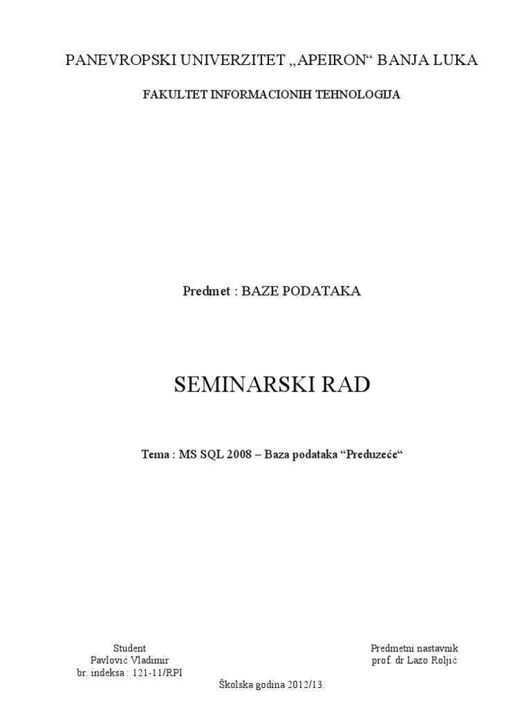 SQL Baza Podataka - Preduzece | PDF